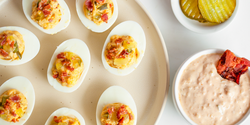 Bacon Mac Deviled Eggs by Noble Made - FoodSocial