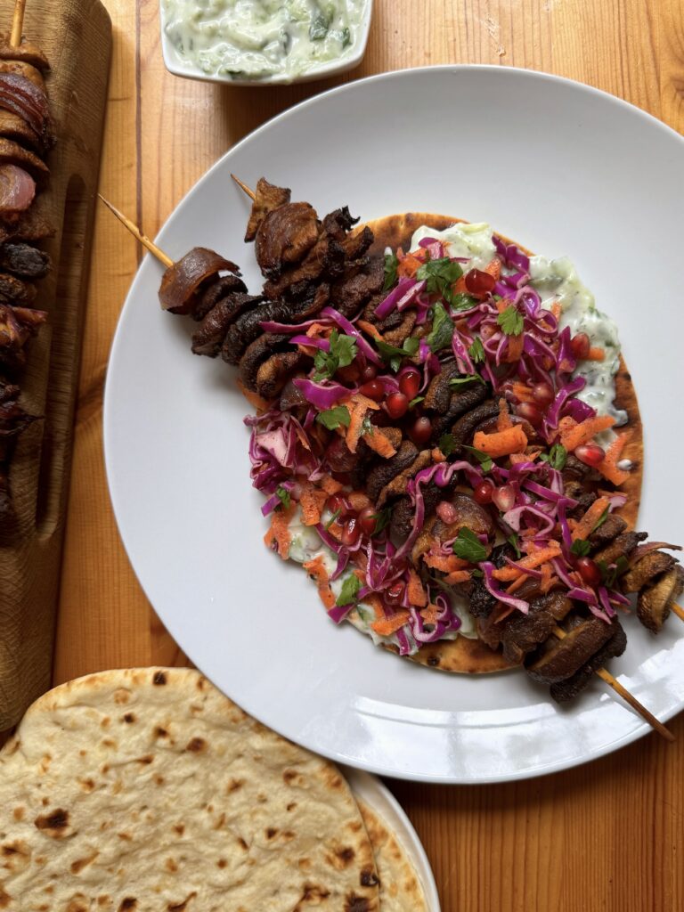 Mushroom shawarma & sumac slaw flatbreads by Nicole Derdabi - FoodSocial